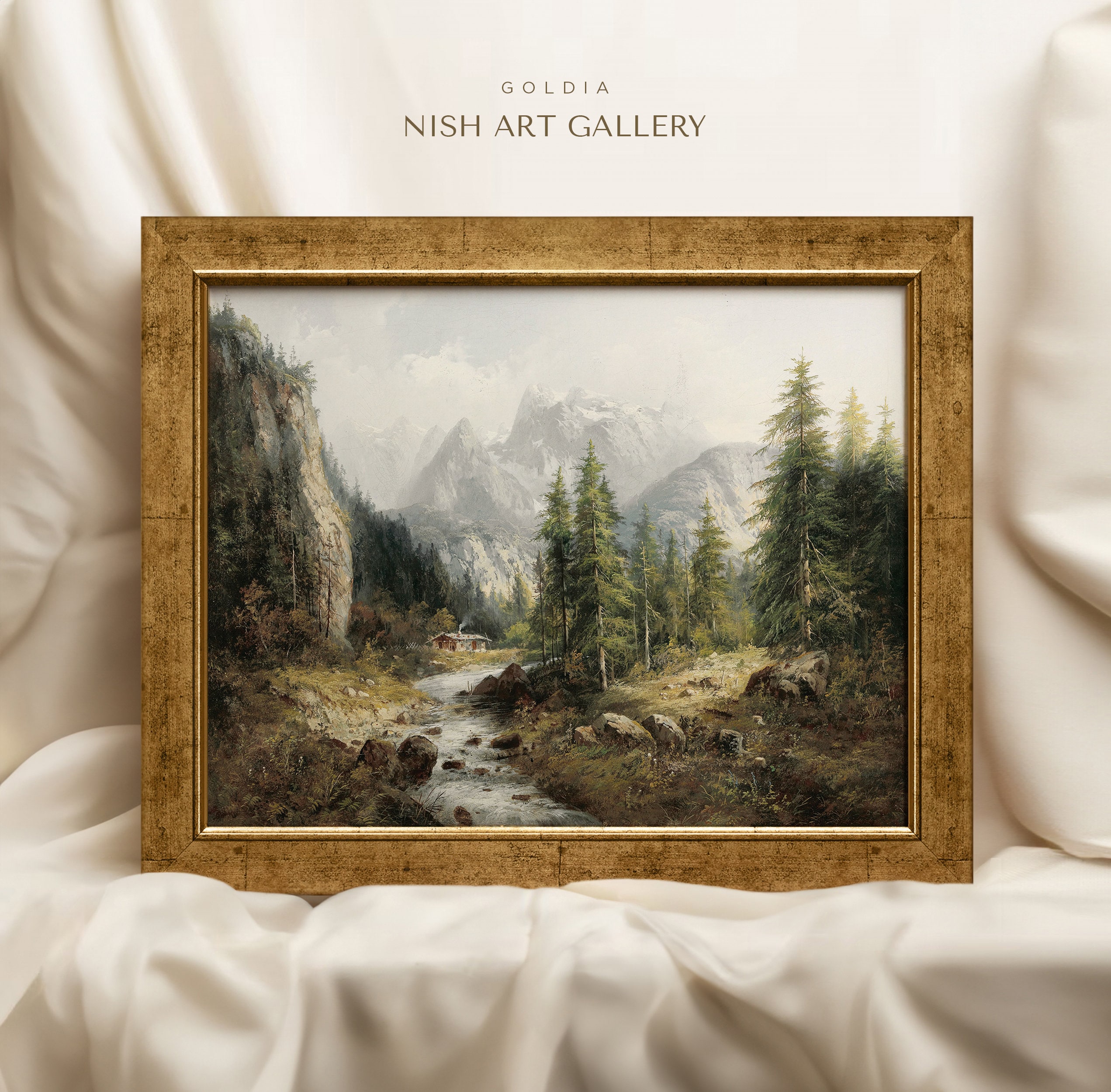 Vintage Framed Mountain Landscape Art Print: Alpine Stream, Forest Oil ...