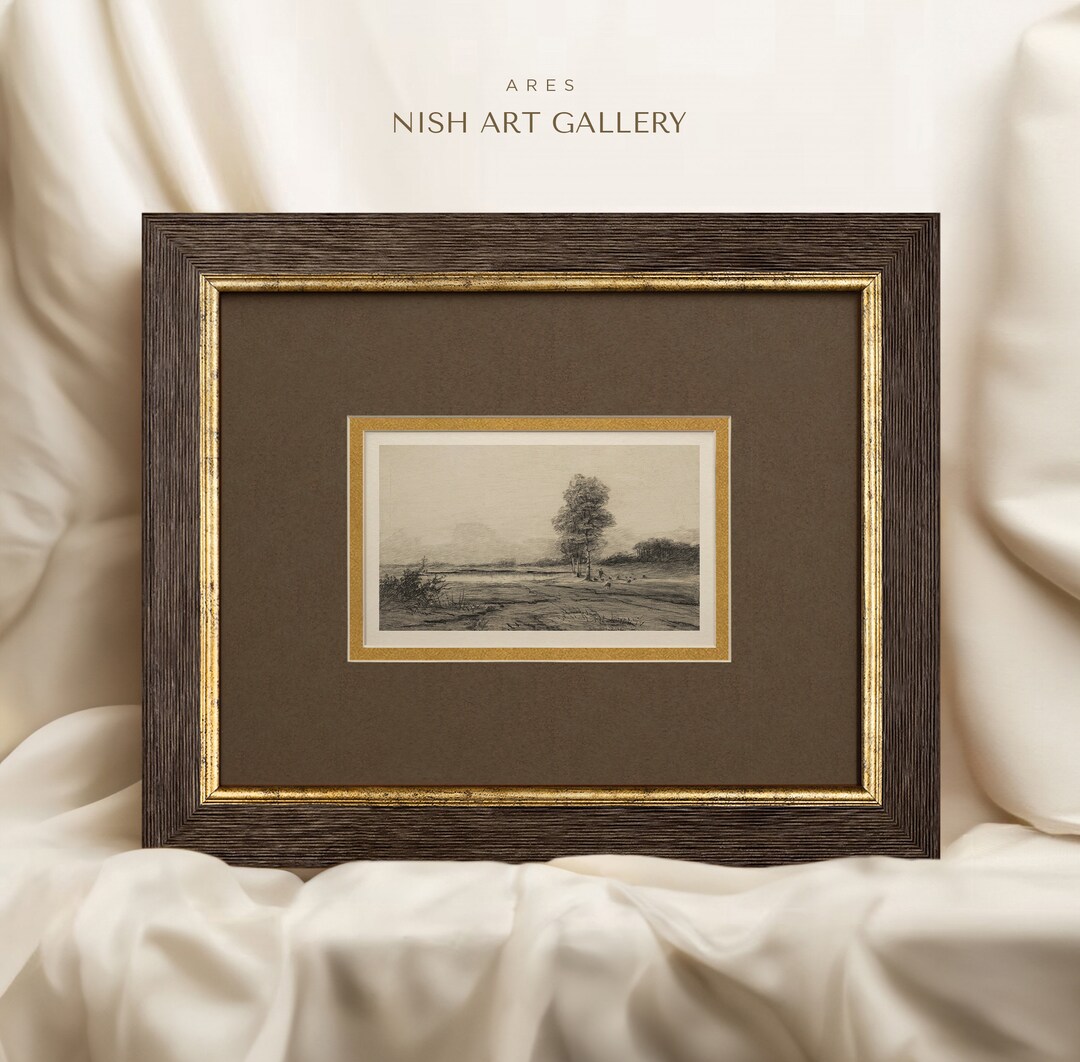 Framed Art With Double Matte, Vintage Landscape Sketch Art Print, Gold ...