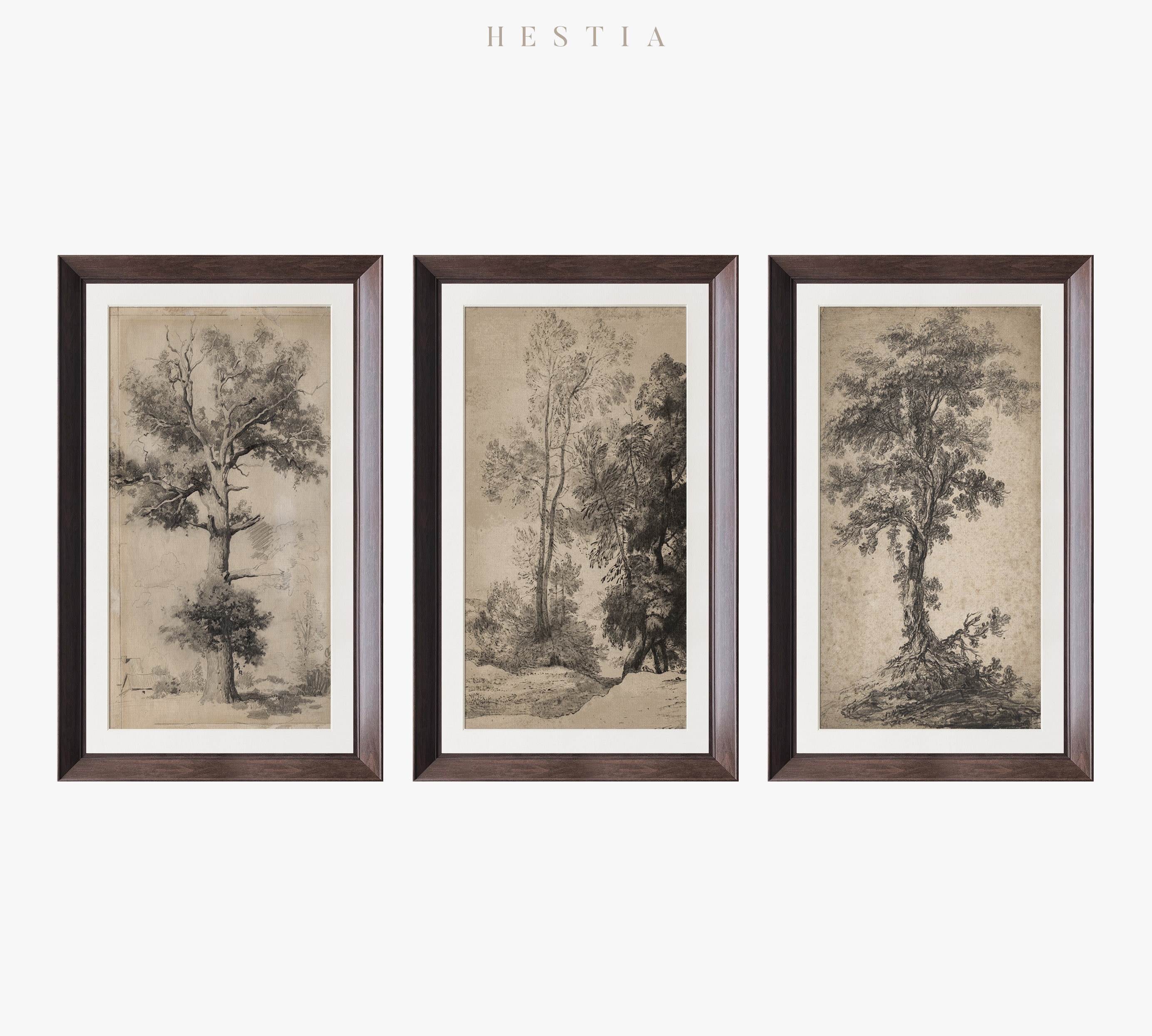 Framed Rustic Tree Art Print Set: Forest Landscape Sketch, Gallery Wall ...