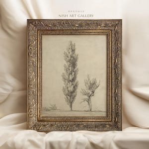 Vintage Art Framed | Beige Tree Drawing Print | Antique Tree Etching ...