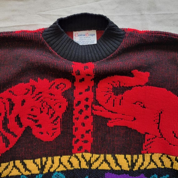 Vintage knit sweater safari animals pattern vibrant - Gem