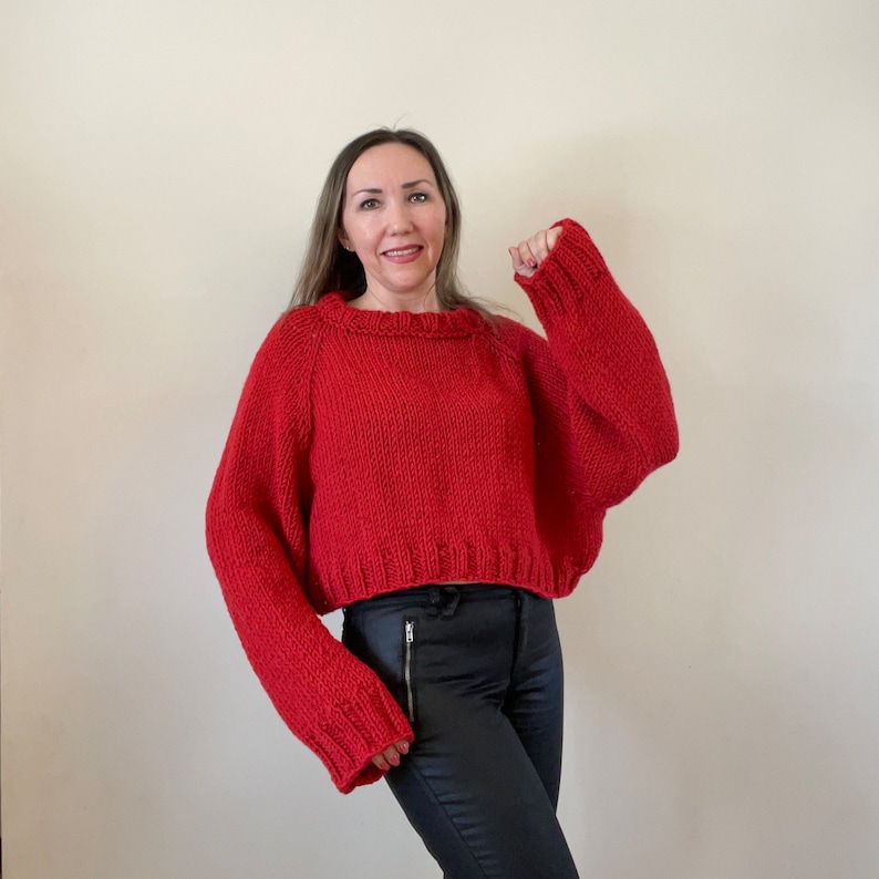Lipstick Red Oversized Cropped Sweater/ Handknitted/ Chunky - Etsy