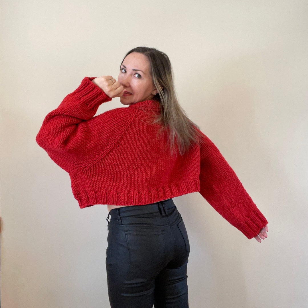 Lipstick Red Oversized Cropped Sweater/ Handknitted/ Chunky - Etsy