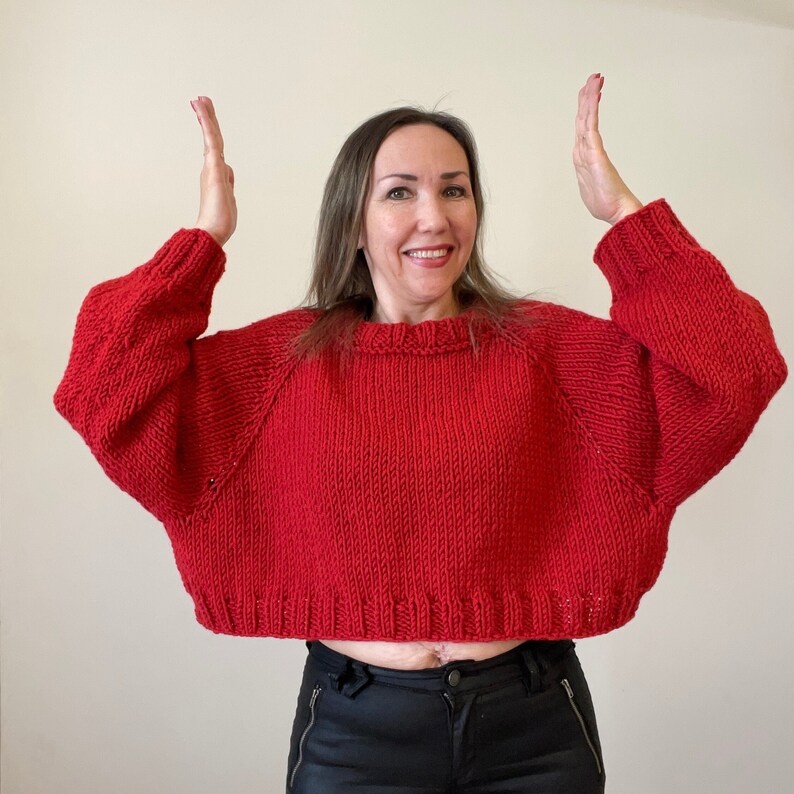 Lipstick Red Oversized Cropped Sweater/ Handknitted/ Chunky - Etsy