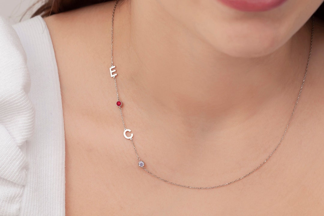 Christmas Gift, Sideways Initial Birthstone Necklace , Perfect Gift for ...