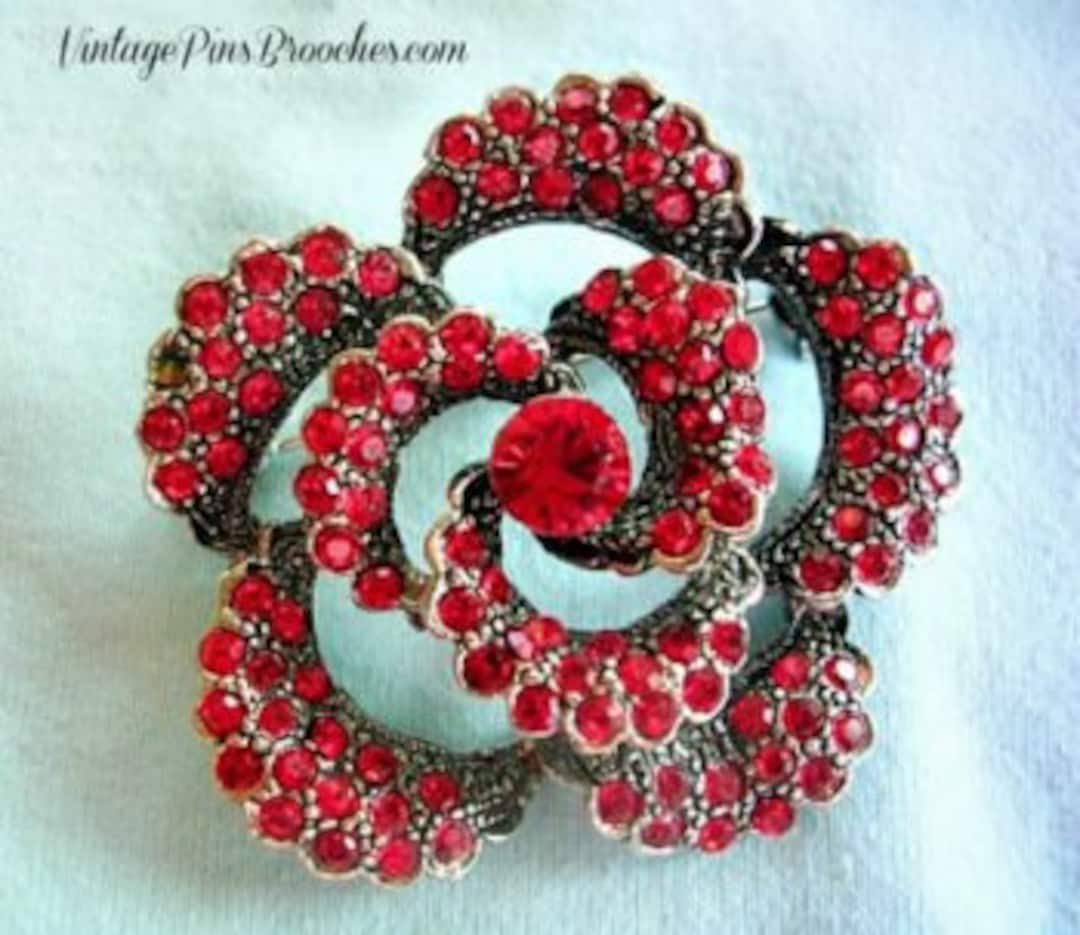 Vintage Silver Plate Ruby Red Garnet Rose Flower Pin Brooch, Ladies ...