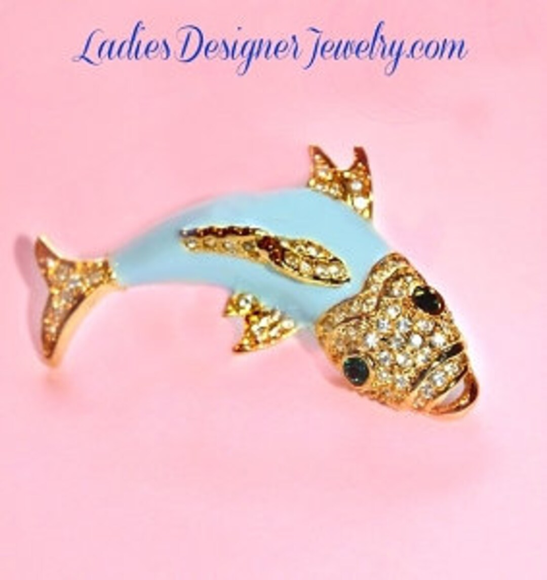Vintage Ocean Blue Enamel Bass Fish Designer Rhinestone Pin Brooch ...