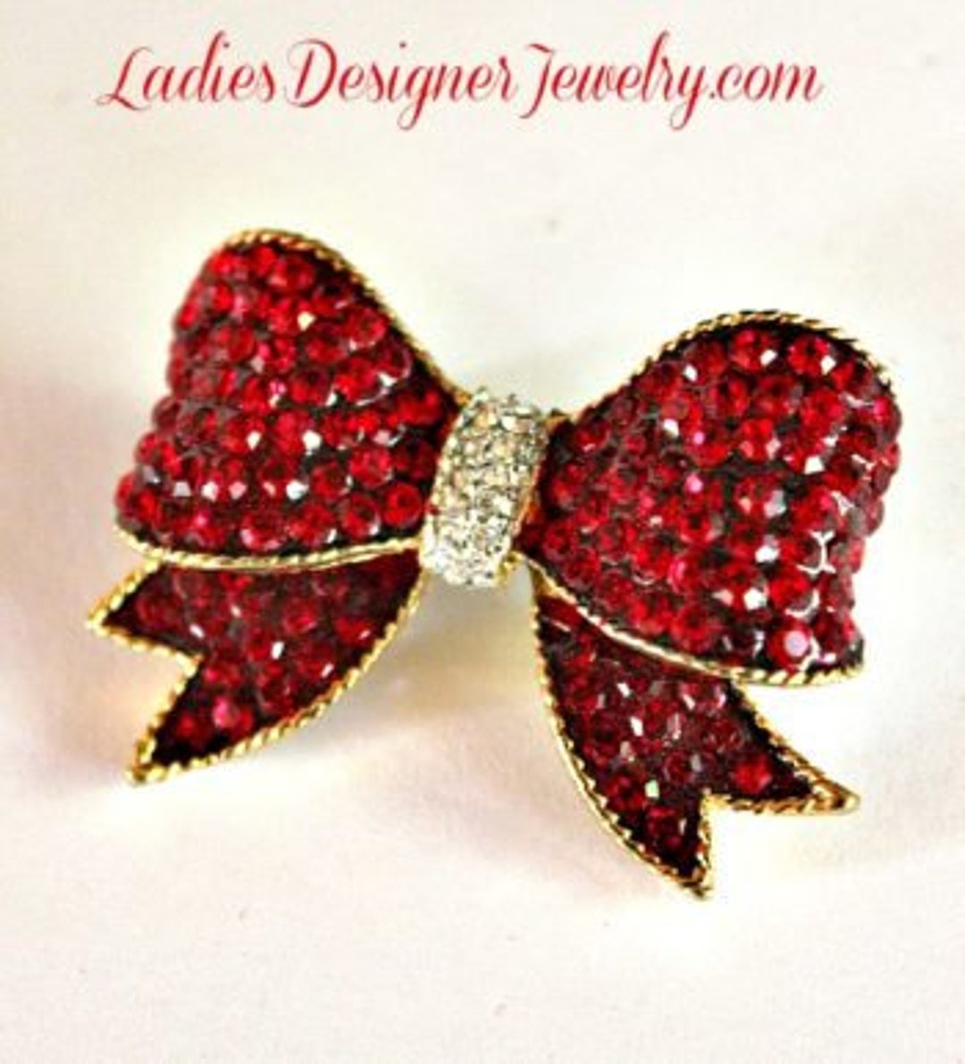 Vintage Ruby Red Rhinestone Art Deco Bow Designer Fashion Dress Pin ...