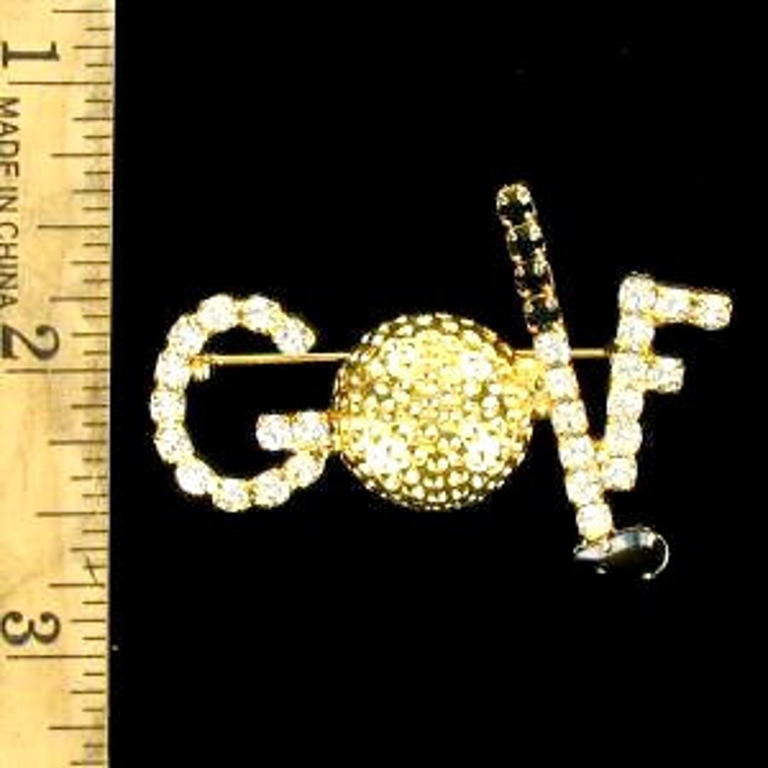Vintage Gold Plate Diamond Black Rhinestone Golf Club Ball Pin Brooch ...