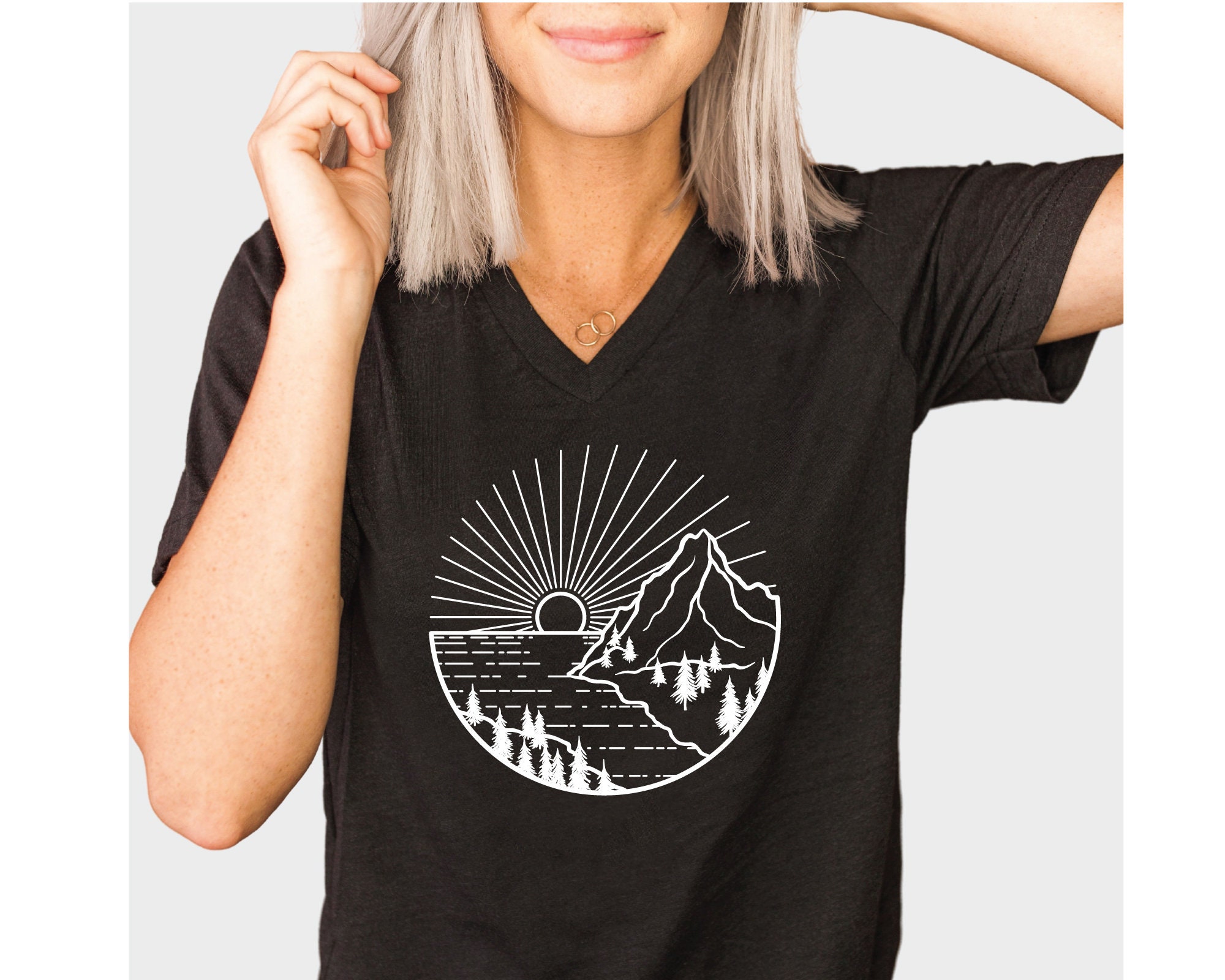 Sun and Mountain V-neck Shirt, Camping Shirt, Adventure Shirt, Explore ...