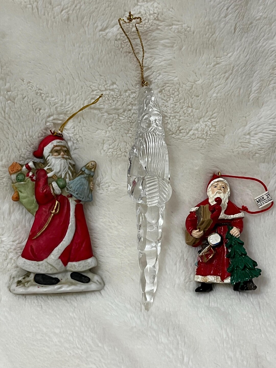 3 VTG Father Christmas Ornaments: Flat Ceramic, Skinny Acrylic Icicle ...