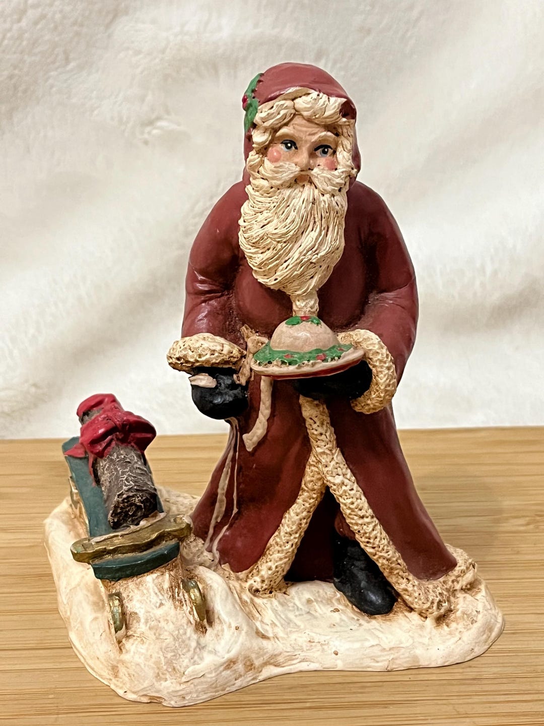VTG 1992 Wood World Father Christmas W/ Yule Log Sleigh Resin Figure ...