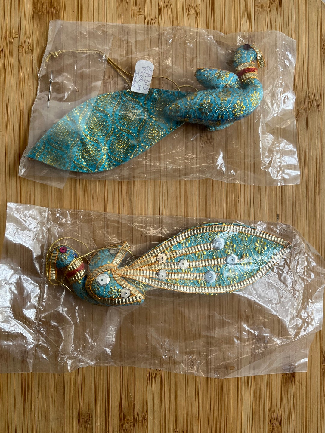 RARE 2 Vtg MCM Gold & Blue Peacock Bird Ornaments Gold Trim Christmas ...