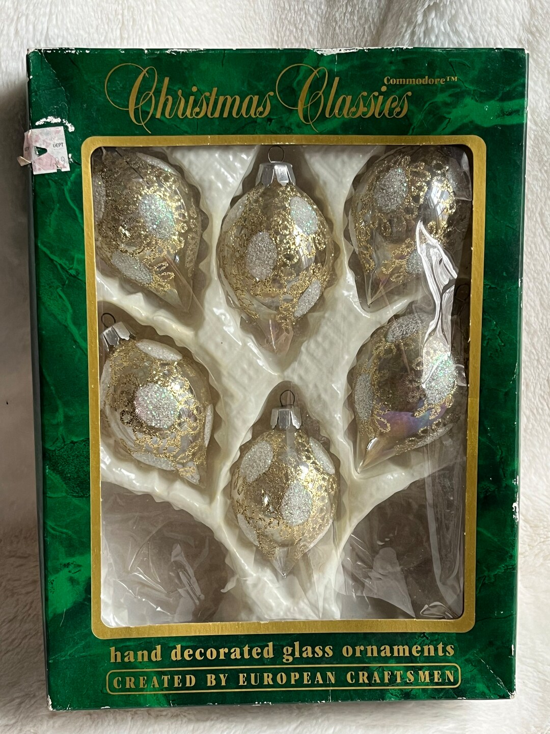 6 VTG Commodore Christmas Classics Glass Ornaments Clear W/ White ...