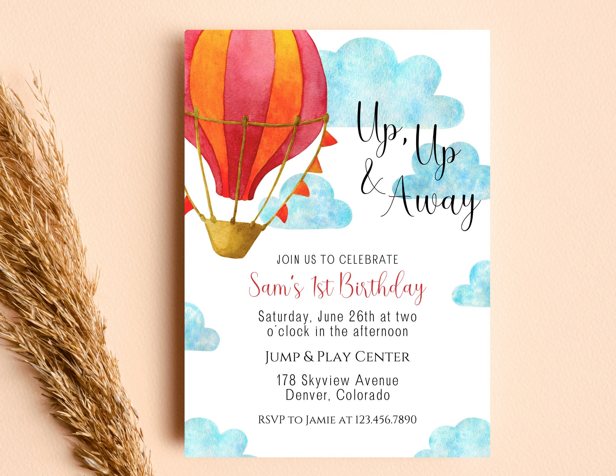 Up up and Away 1st Birthday Invitation Template | Hot Air Balloon First ...
