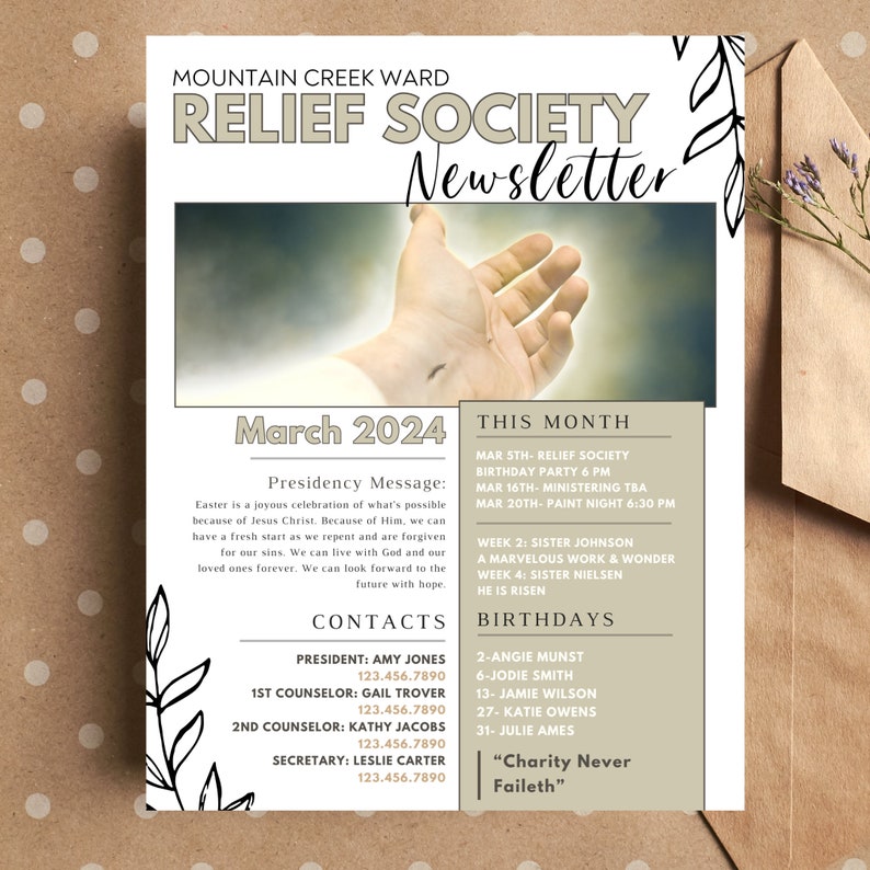 Relief Society Newsletter | Relief Society Template | Editable Relief ...
