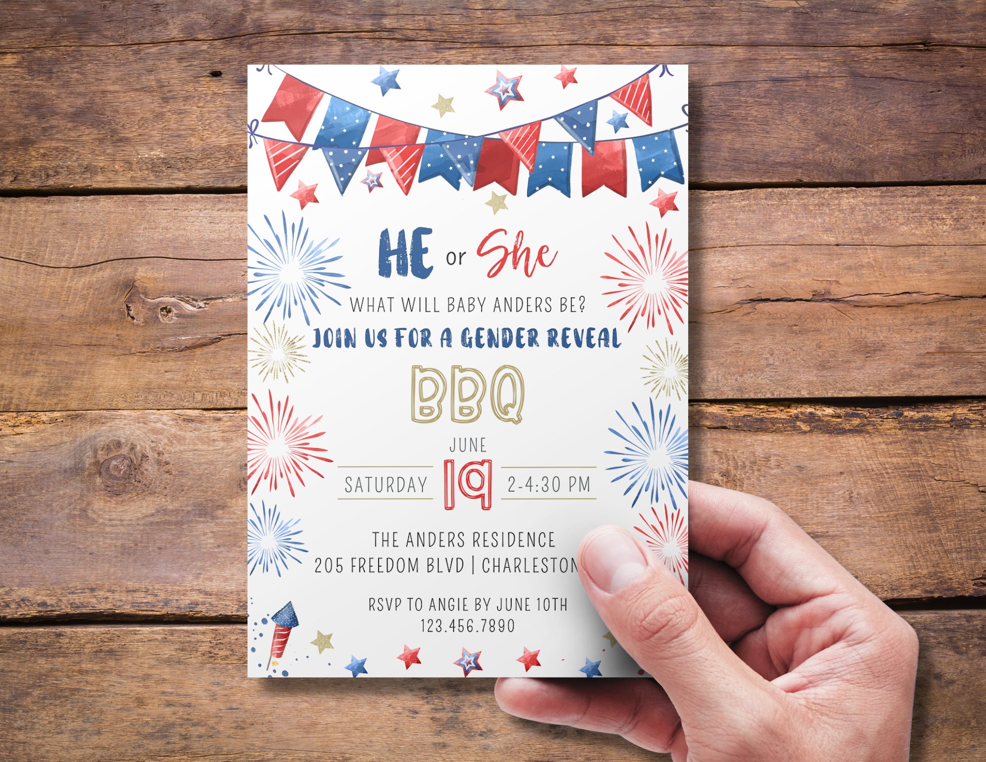 4th of July Gender Reveal Invitation | He or She Gender Reveal ...