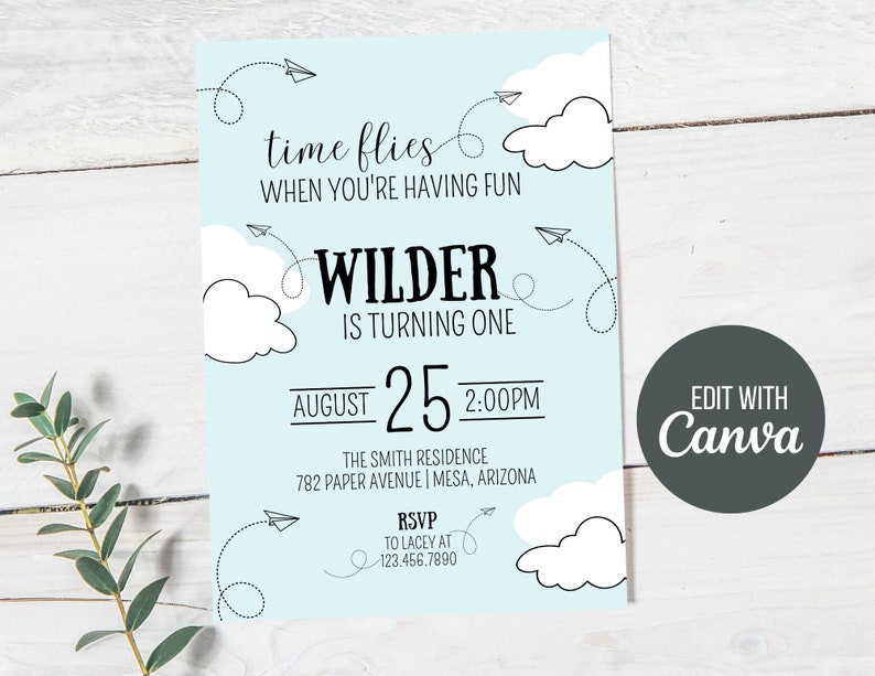 Paper Airplane Birthday Invitation | Paper Airplane First Birthday ...