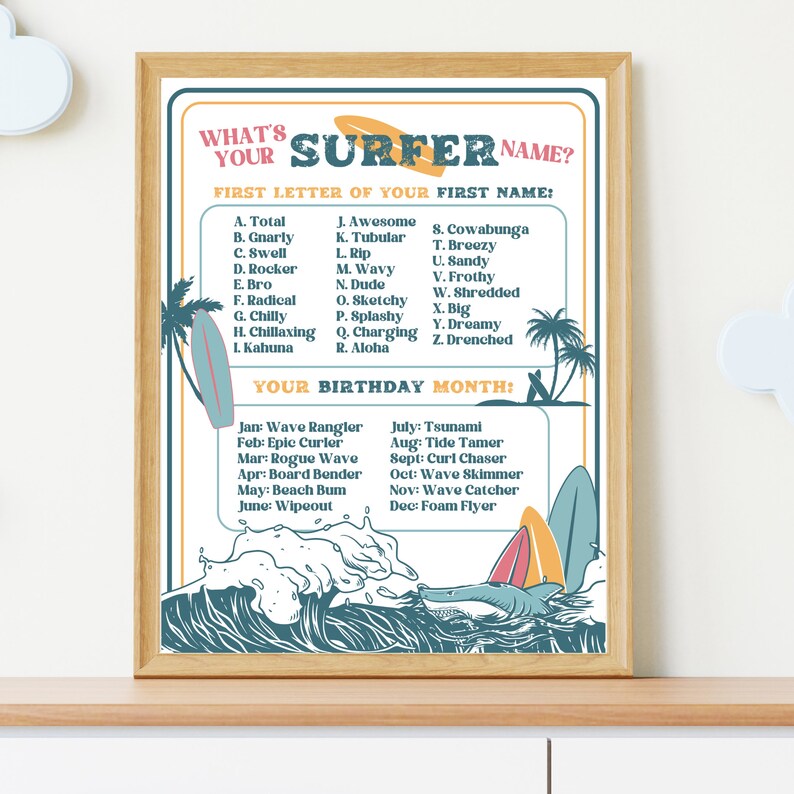 What's Your Surfer Name Printable Game, Surfer Name Party Printable ...