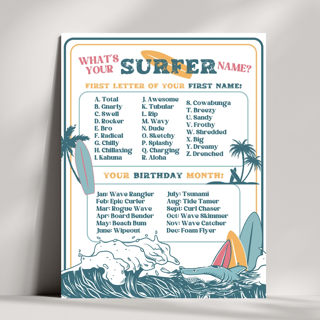What's Your Surfer Name Printable Game, Surfer Name Party Printable, Surfing Birthday, Beach ...