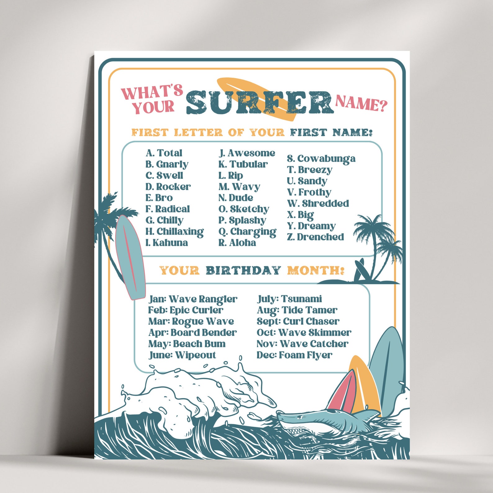 What's Your Surfer Name Printable Game, Surfer Name Party Printable ...