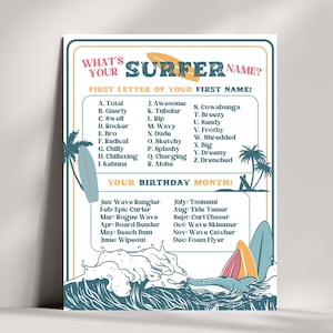 What's Your Surfer Name Printable Game, Surfer Name Party Printable ...