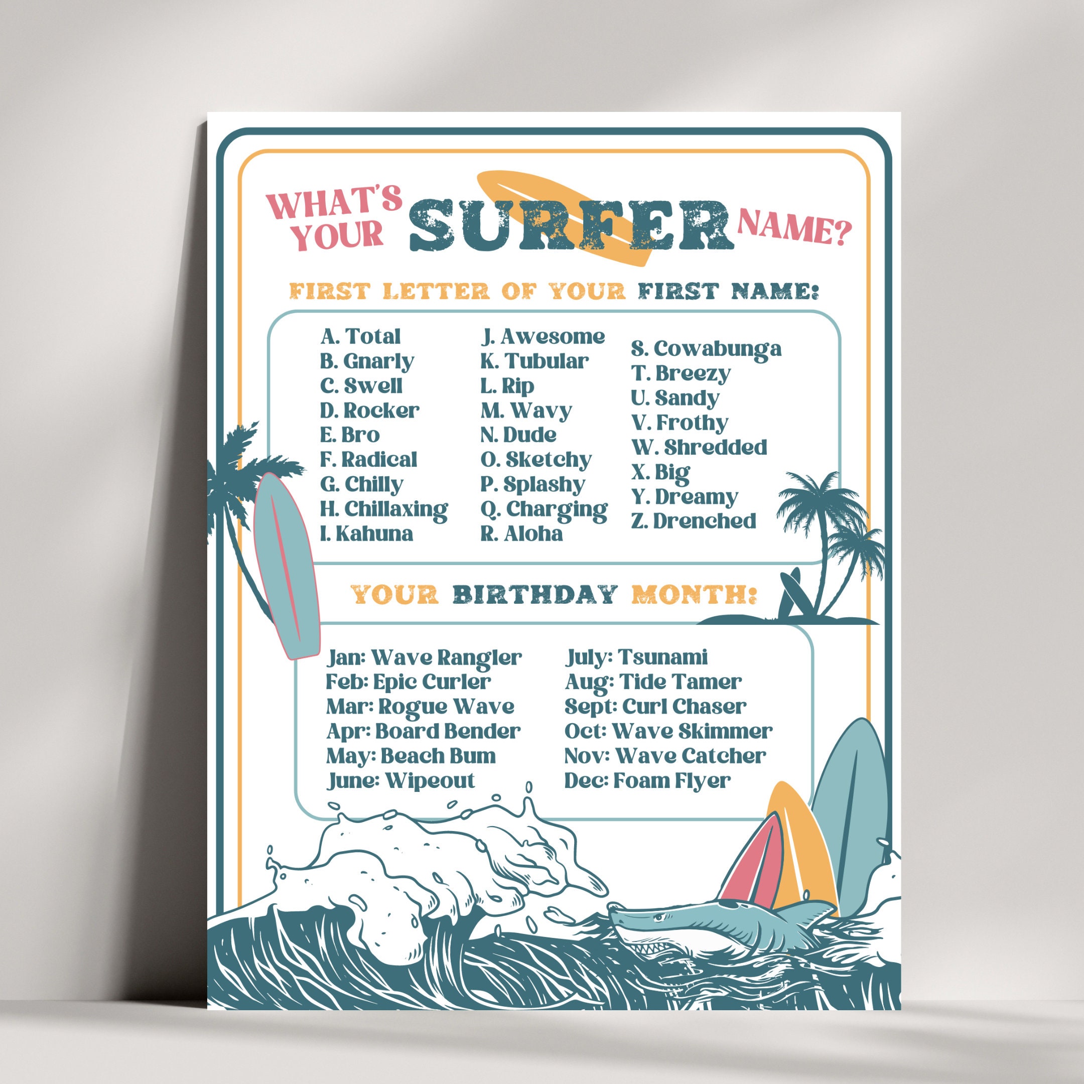 What's Your Surfer Name Printable Game, Surfer Name Party Printable ...
