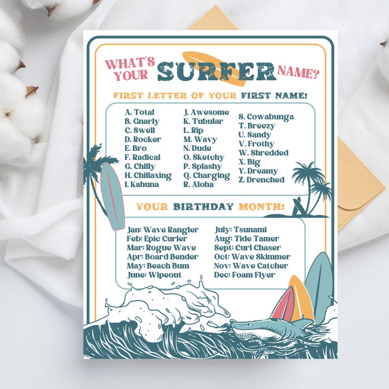 What's Your Surfer Name Printable Game, Surfer Name Party Printable ...