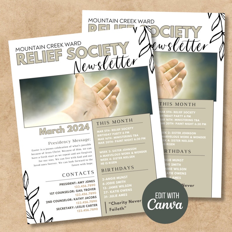 Relief Society Newsletter | Relief Society Template | Editable Relief ...