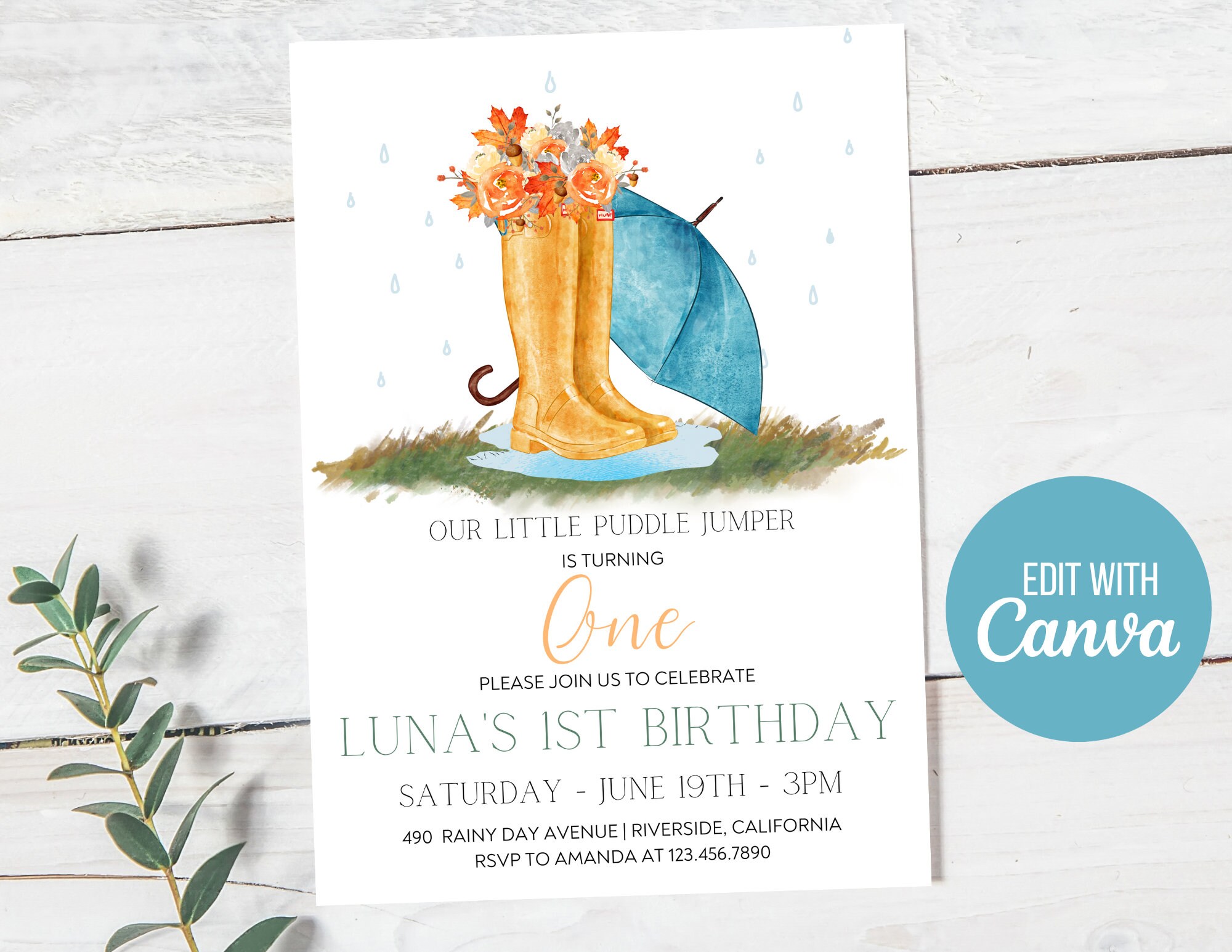 Umbrella Birthday Invitation | Rainy Day Birthday Party Invite | Little ...