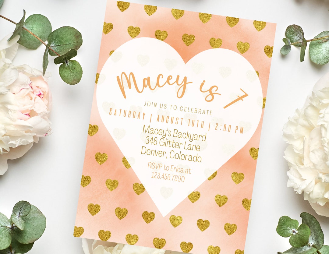 Heart Birthday Invitation | Gold Sparkle Heart Birthday Invitation ...