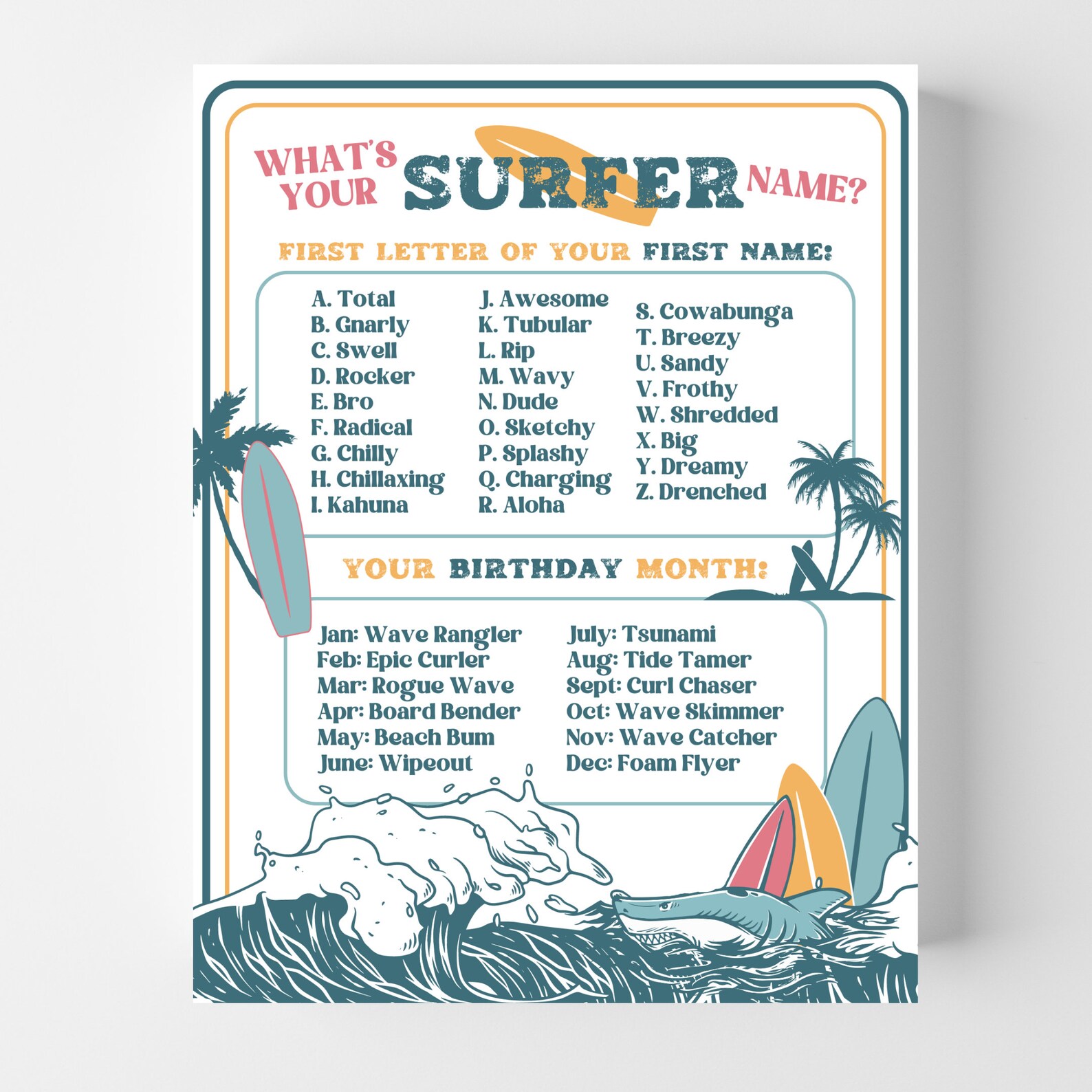 What's Your Surfer Name Printable Game, Surfer Name Party Printable ...