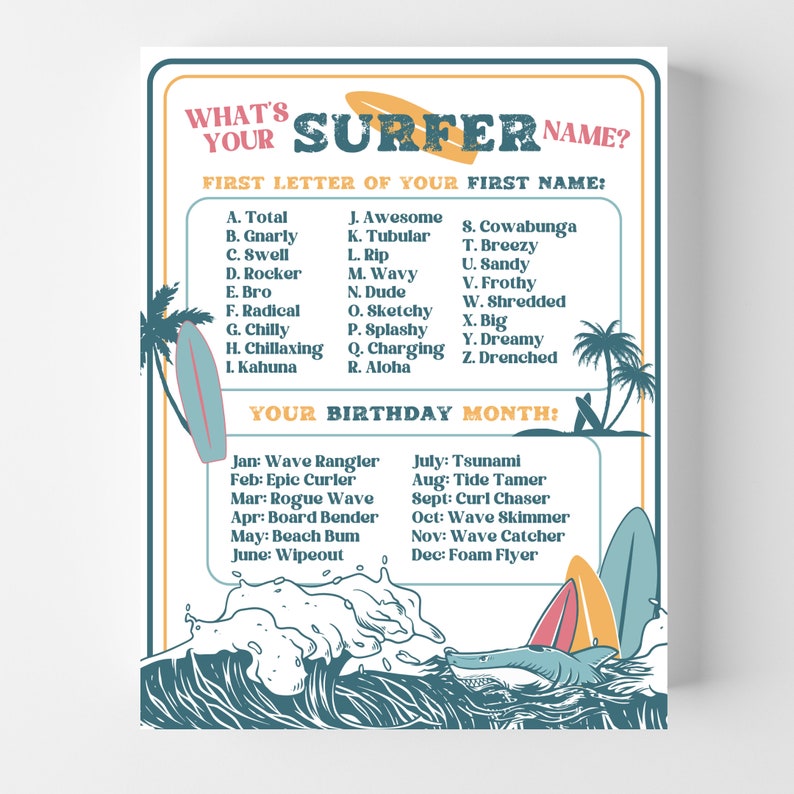 What's Your Surfer Name Printable Game, Surfer Name Party Printable ...