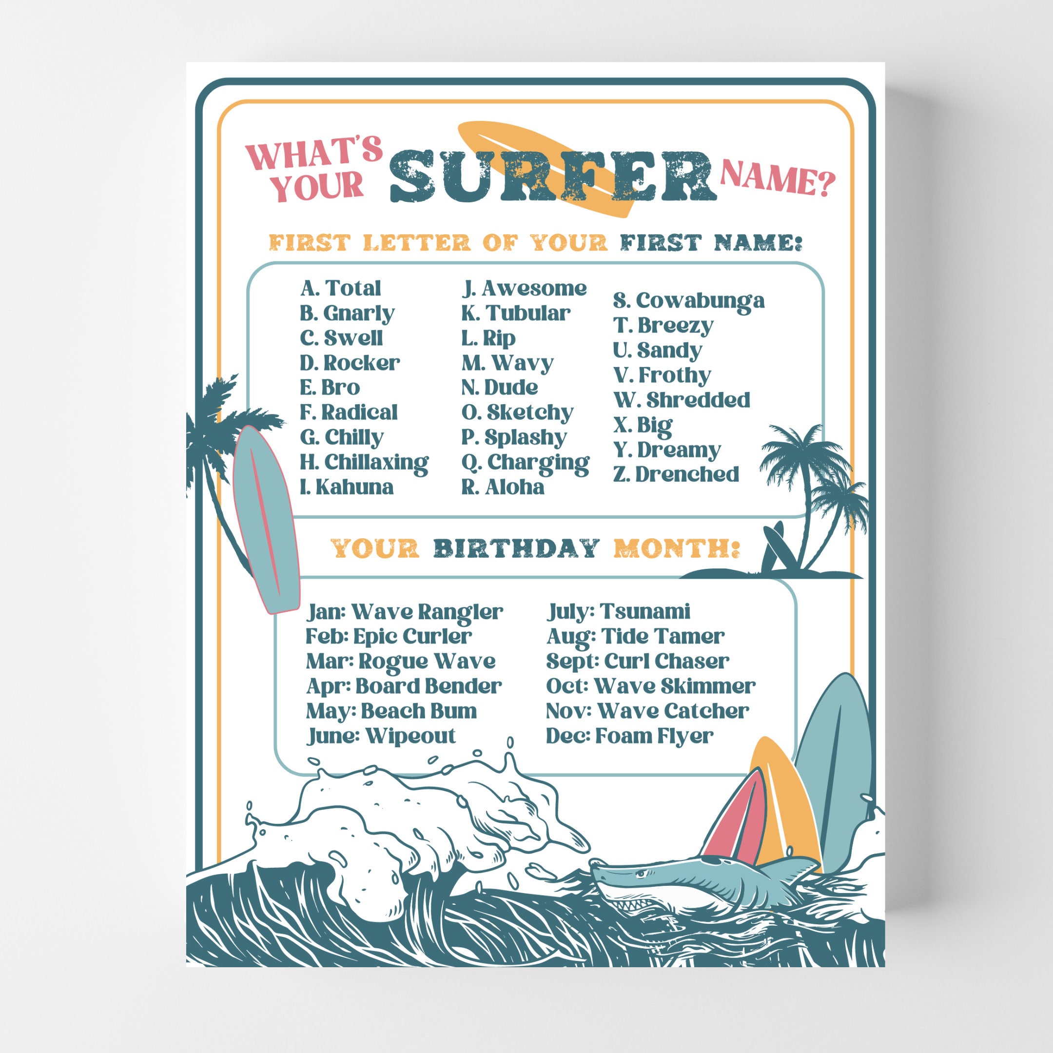 What's Your Surfer Name Printable Game, Surfer Name Party Printable ...
