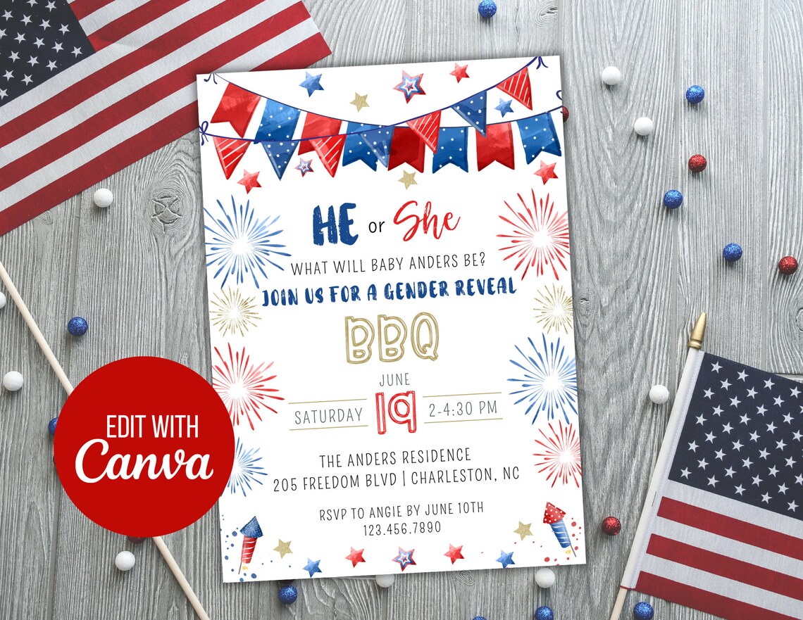 4th of July Gender Reveal Invitation | He or She Gender Reveal ...