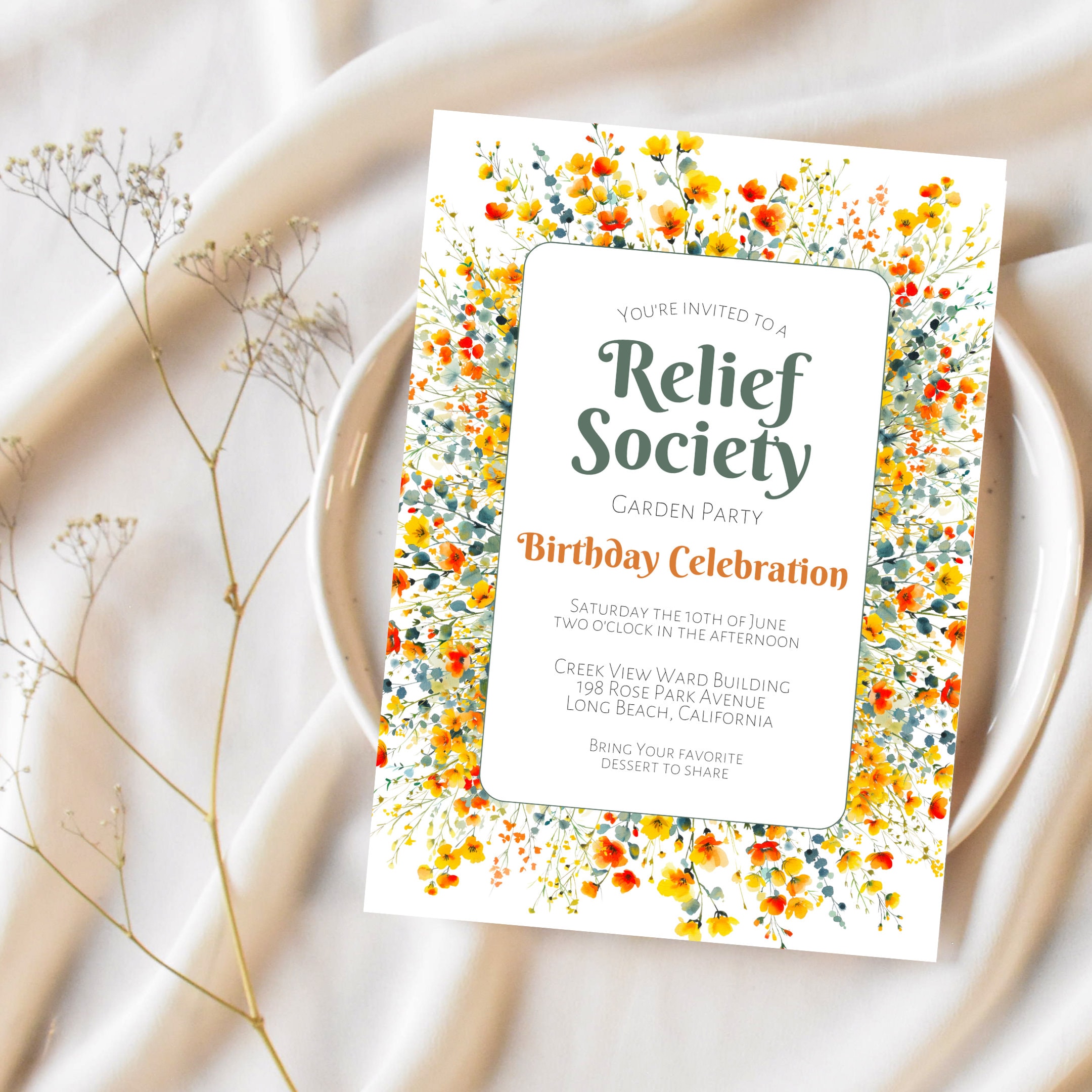 Relief Society Birthday Party Invitation