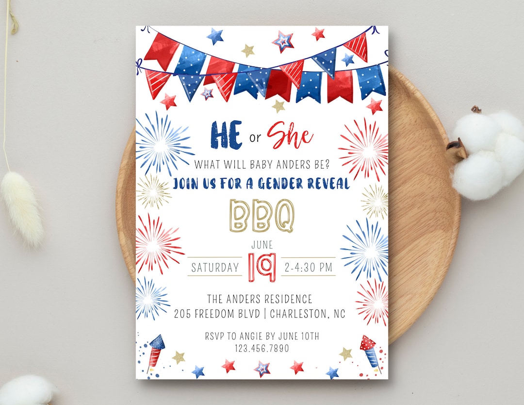 4th of July Gender Reveal Invitation | He or She Gender Reveal ...