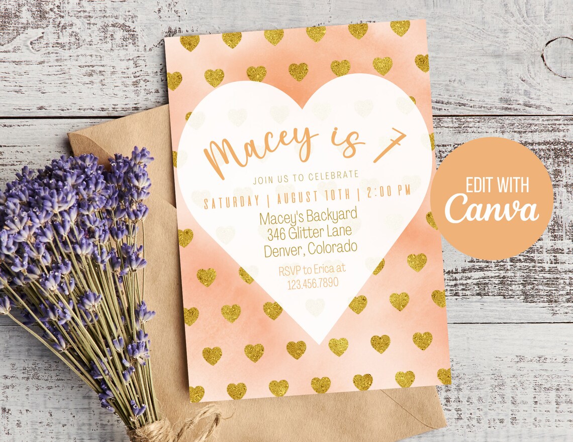 Heart Birthday Invitation Gold Sparkle Heart Birthday - Etsy