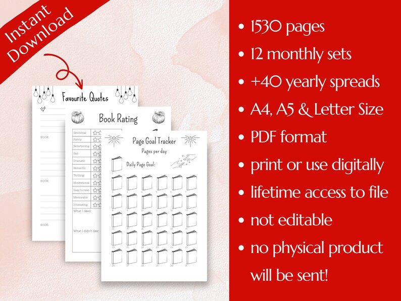 Premade Reading Journal 2025 Undated, Printable Reading Planner ...