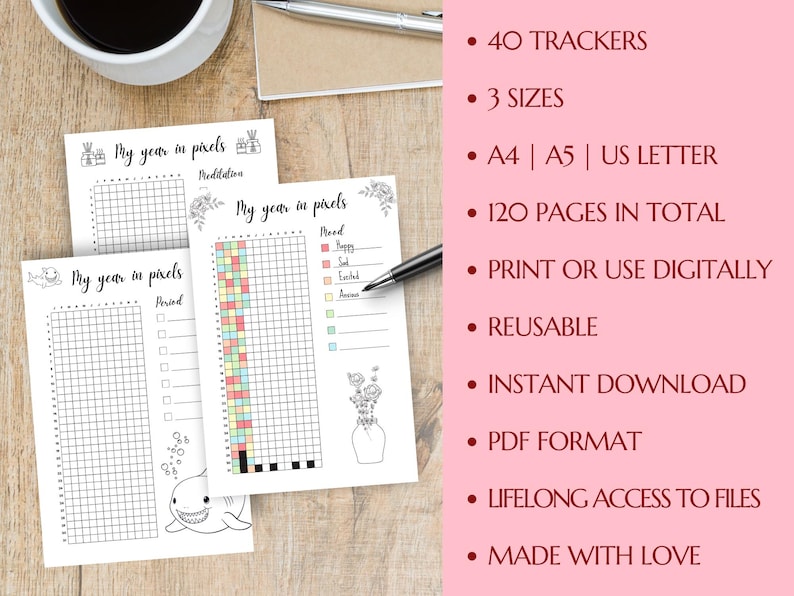 Year in Pixels Tracker Bundle 2026, Printable Journal Page Template ...