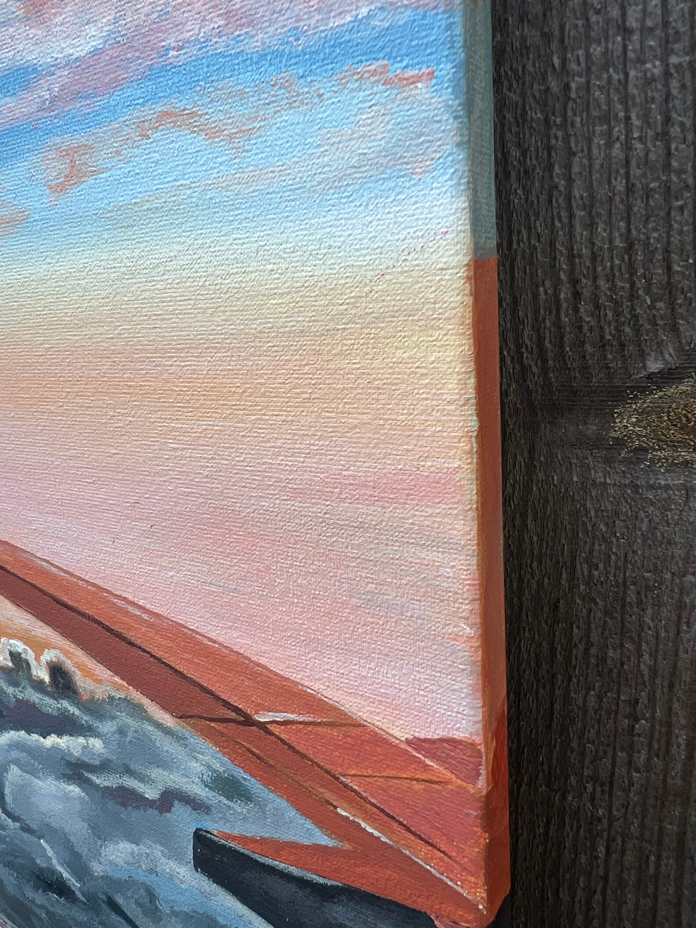 Original Oil Painting Airplane Wing Above Clouds, Sunset Sky Aviation ...