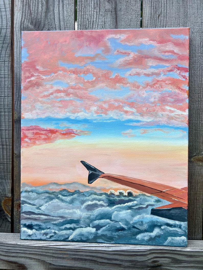 Original Oil Painting Airplane Wing Above Clouds, Sunset Sky Aviation ...