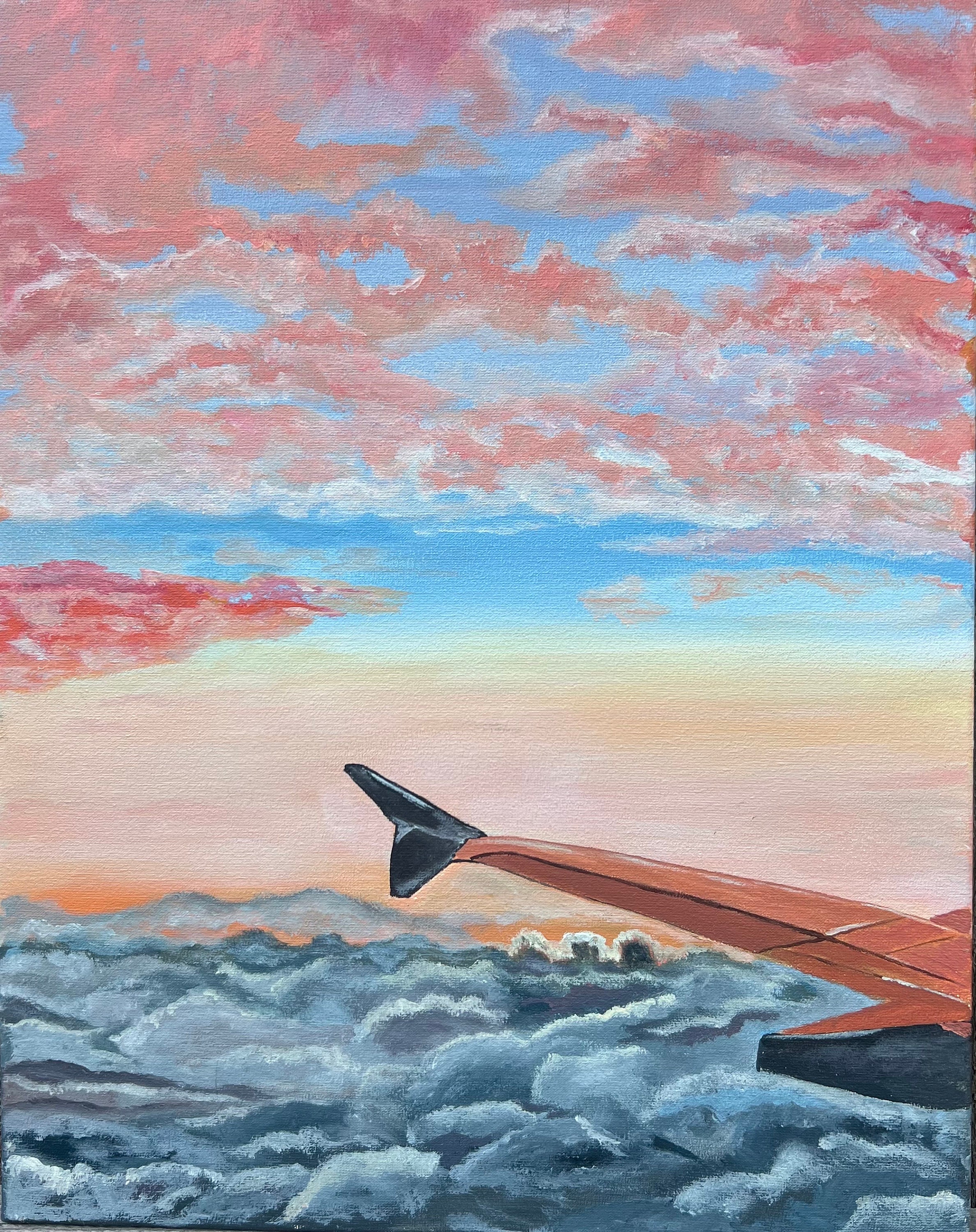 Original Oil Painting Airplane Wing Above Clouds, Sunset Sky Aviation ...
