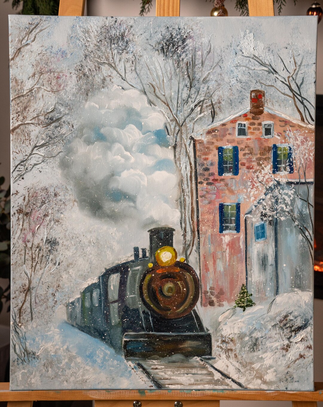 Polar Express Oil Painting, Original Winter Landscape Artwork (22x18 ...