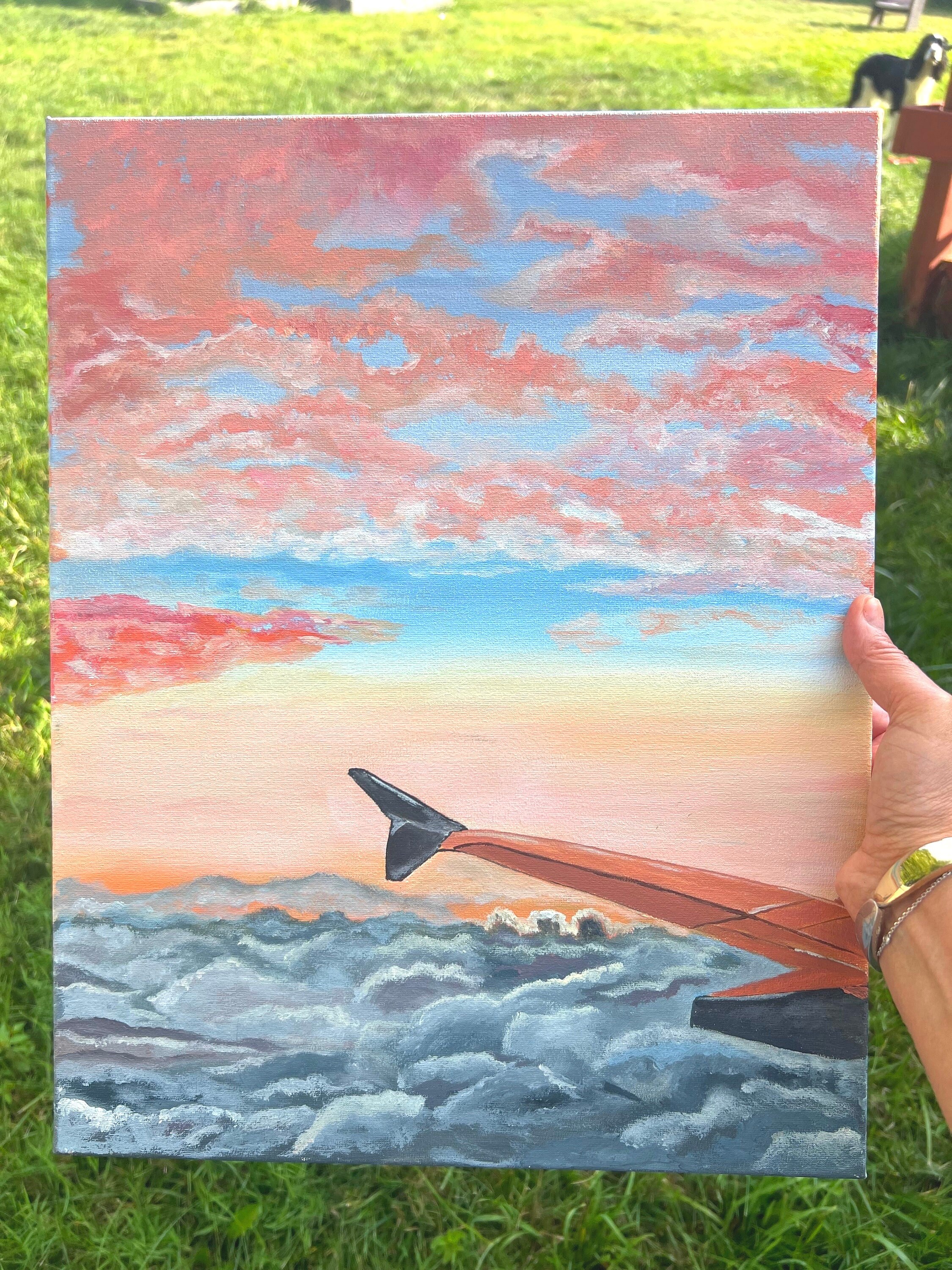 Original Oil Painting Airplane Wing Above Clouds, Sunset Sky Aviation ...