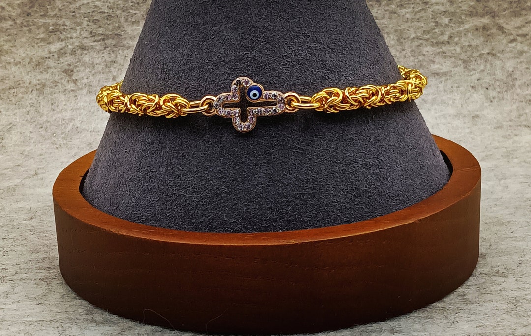 Byzantine Weave Chainmail Bracelet With Rhinestone Evil Eye Cross - Etsy