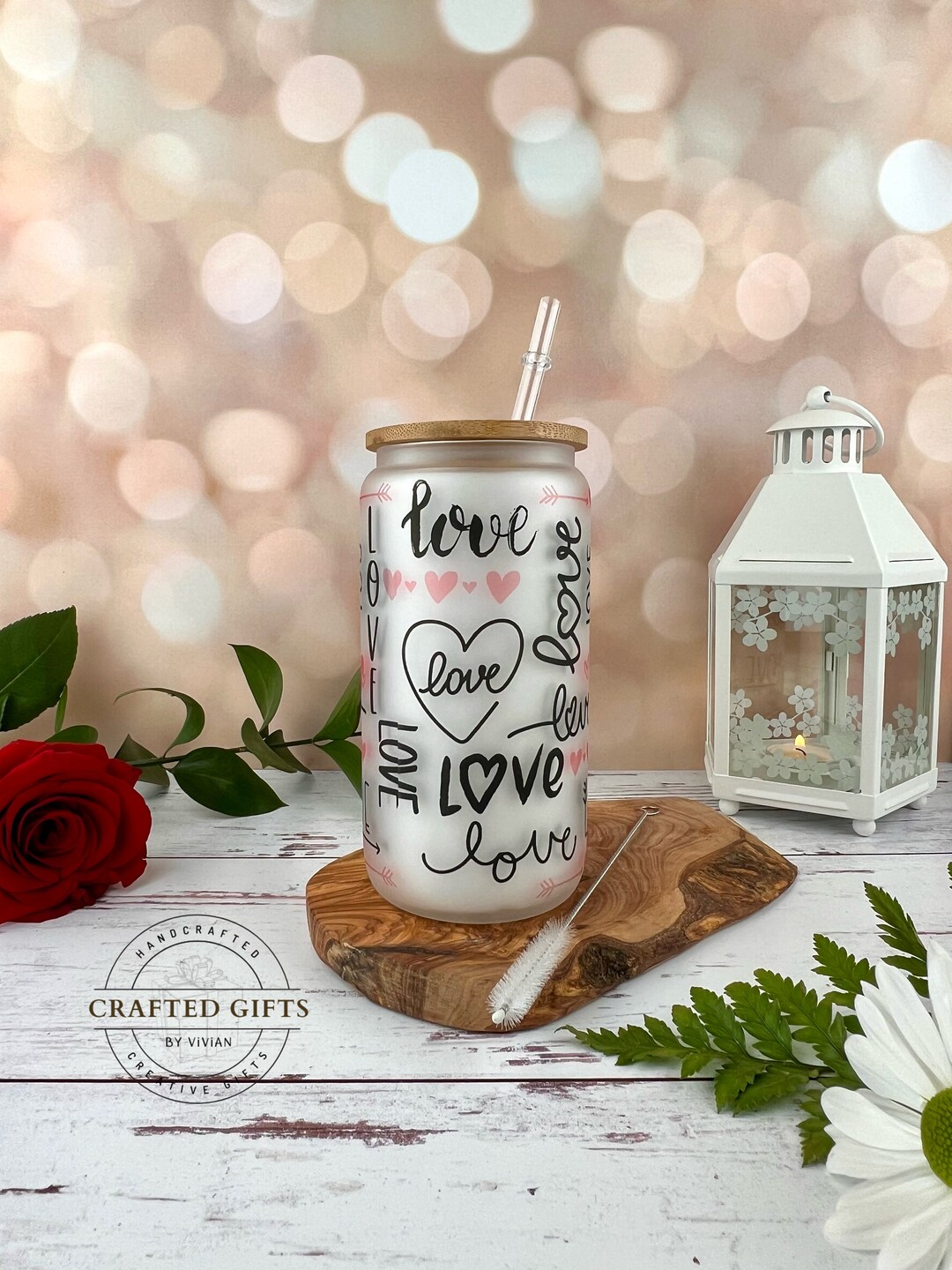 Love Hearts 16oz Water Iced Coffee Glass Cup With Bamboo Lid - Etsy