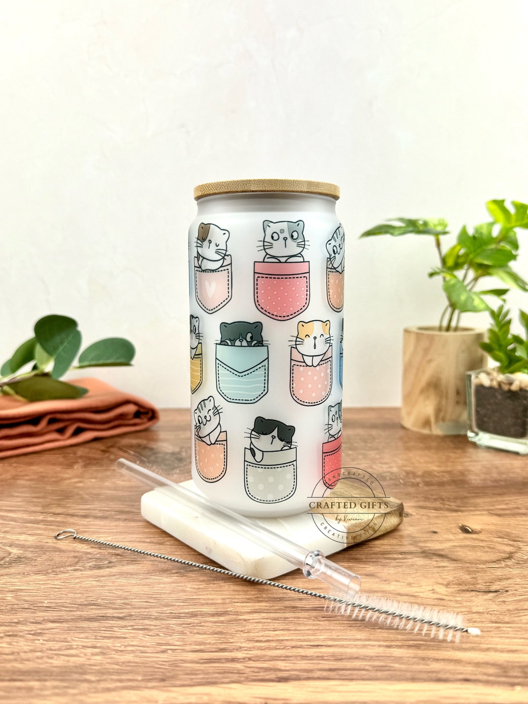 Cute Cats 18oz Glass Water or Iced Coffee Can Cup With Bamboo Lid - Etsy