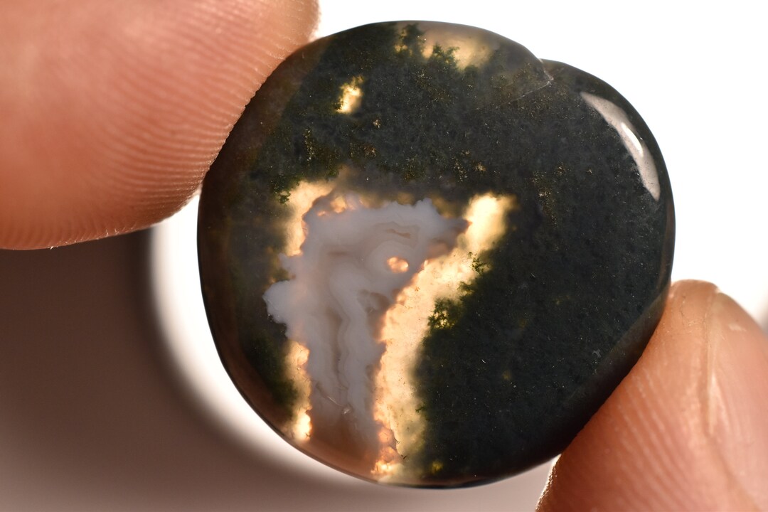 MOSS AGATE Flat Stone 2.5cm 7.8g Palm Tumbled Worry Healing Crystal ...