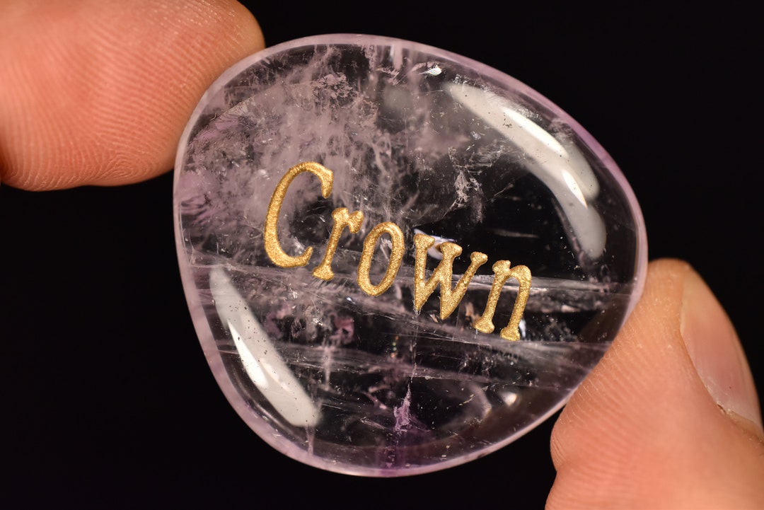 AMETHYST Word Stone 4cm 21.3g CROWN Palm Flat Engraved Genuine Stone ...